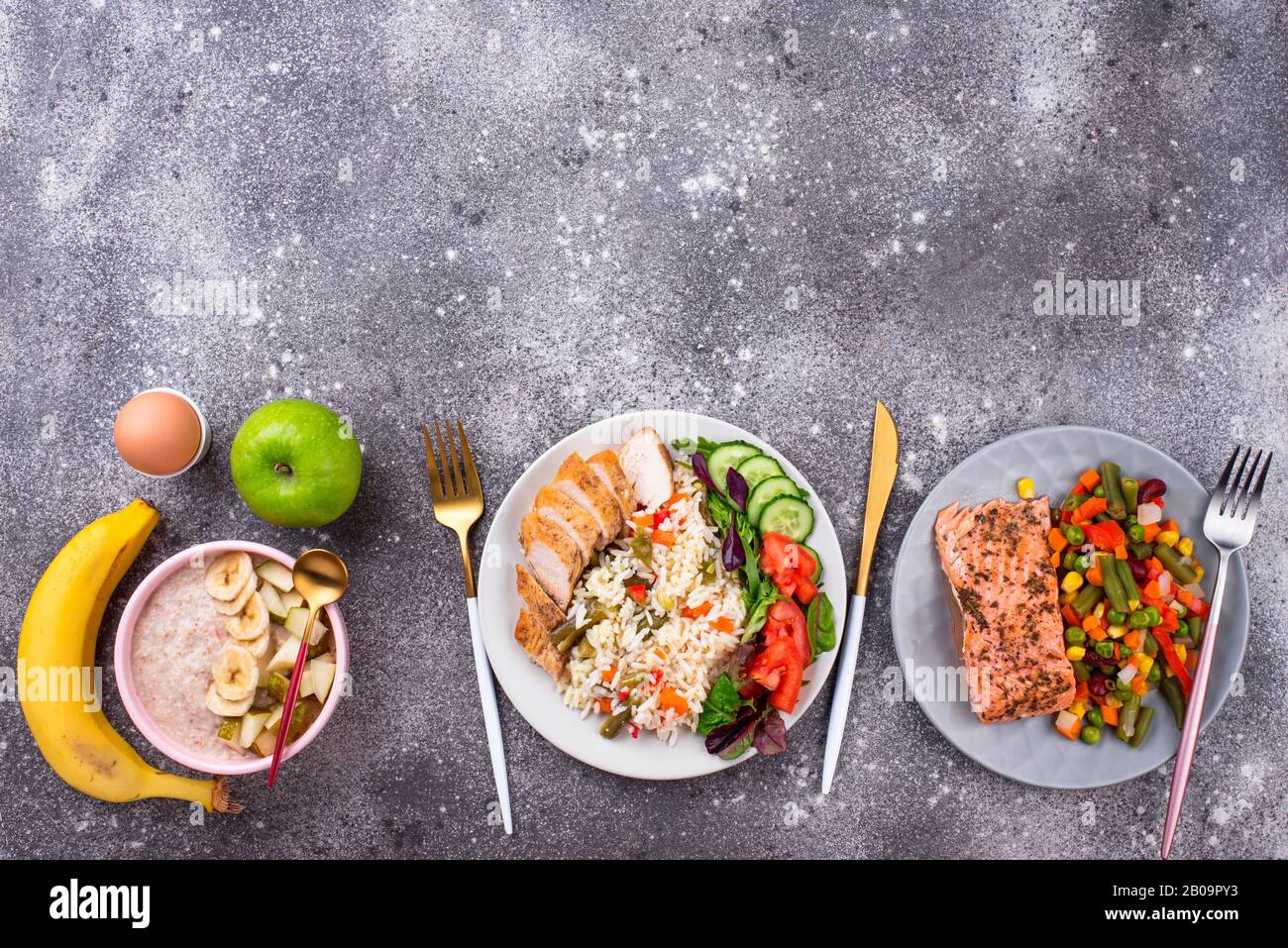 Healthy balanced menu for day Stock Photo - Alamy