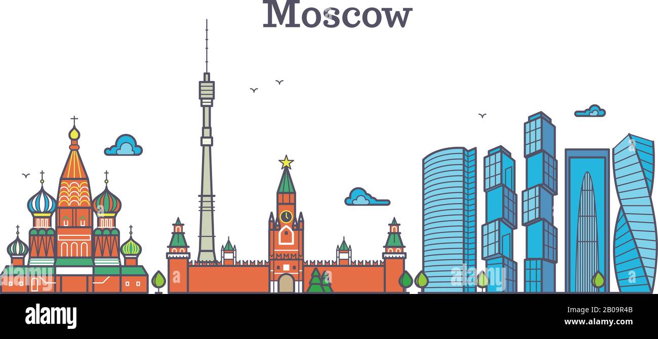 Moscow vector line panorama, modern city skyline, russia outline symbol ...