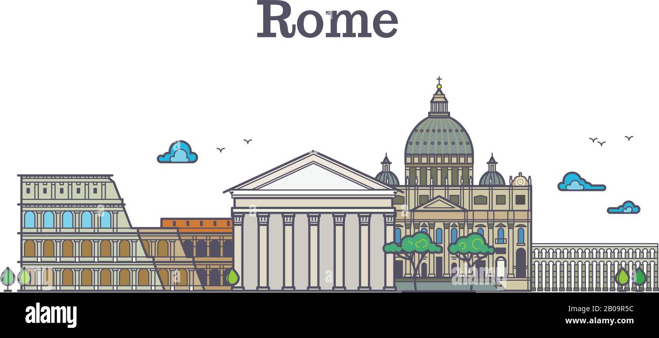Line art rome architecture, italy buildings vector illustration ...