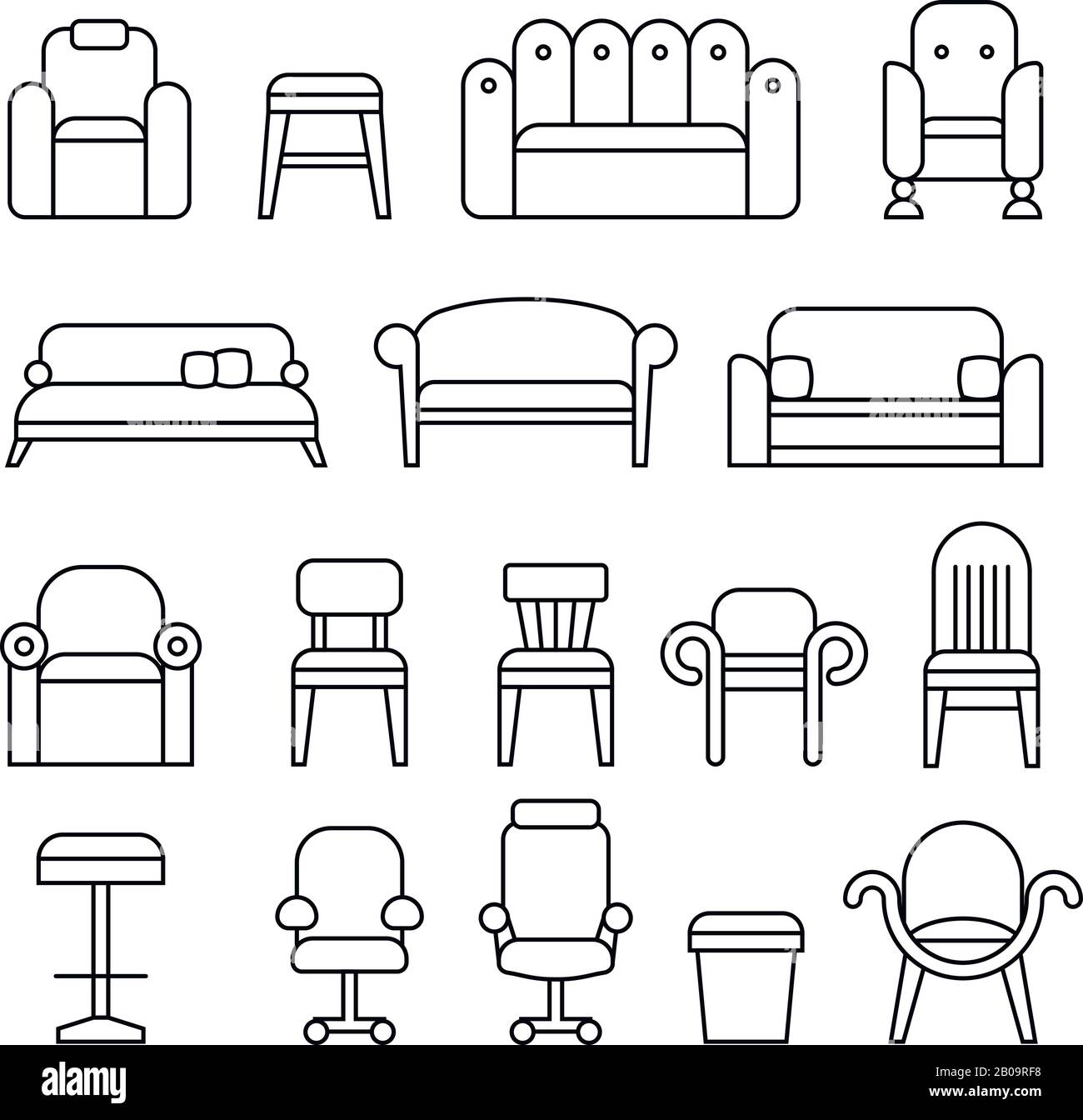 Furniture, chair, armchair, lounge, sofa, couch line vector icons ...