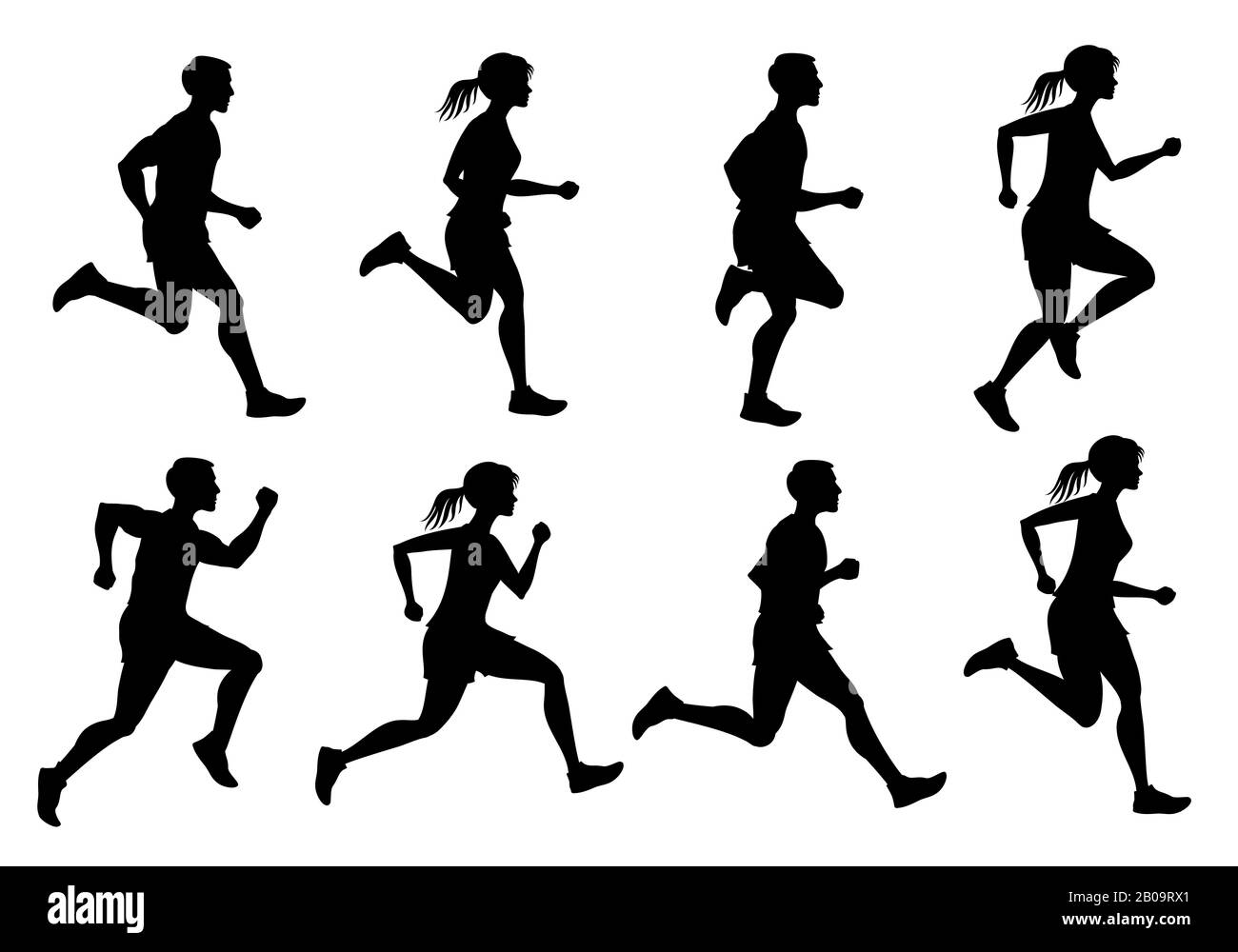 Running male and female, jogging people vector silhouettes. Sport run ...
