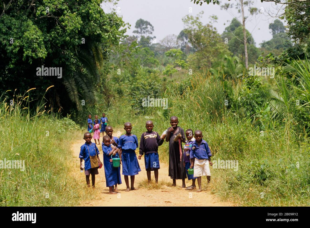 UGANDA, NEAR FORT PORTAL, SCHOOLCHILDREN IN UNIFORM WALKING HOME FROM ...