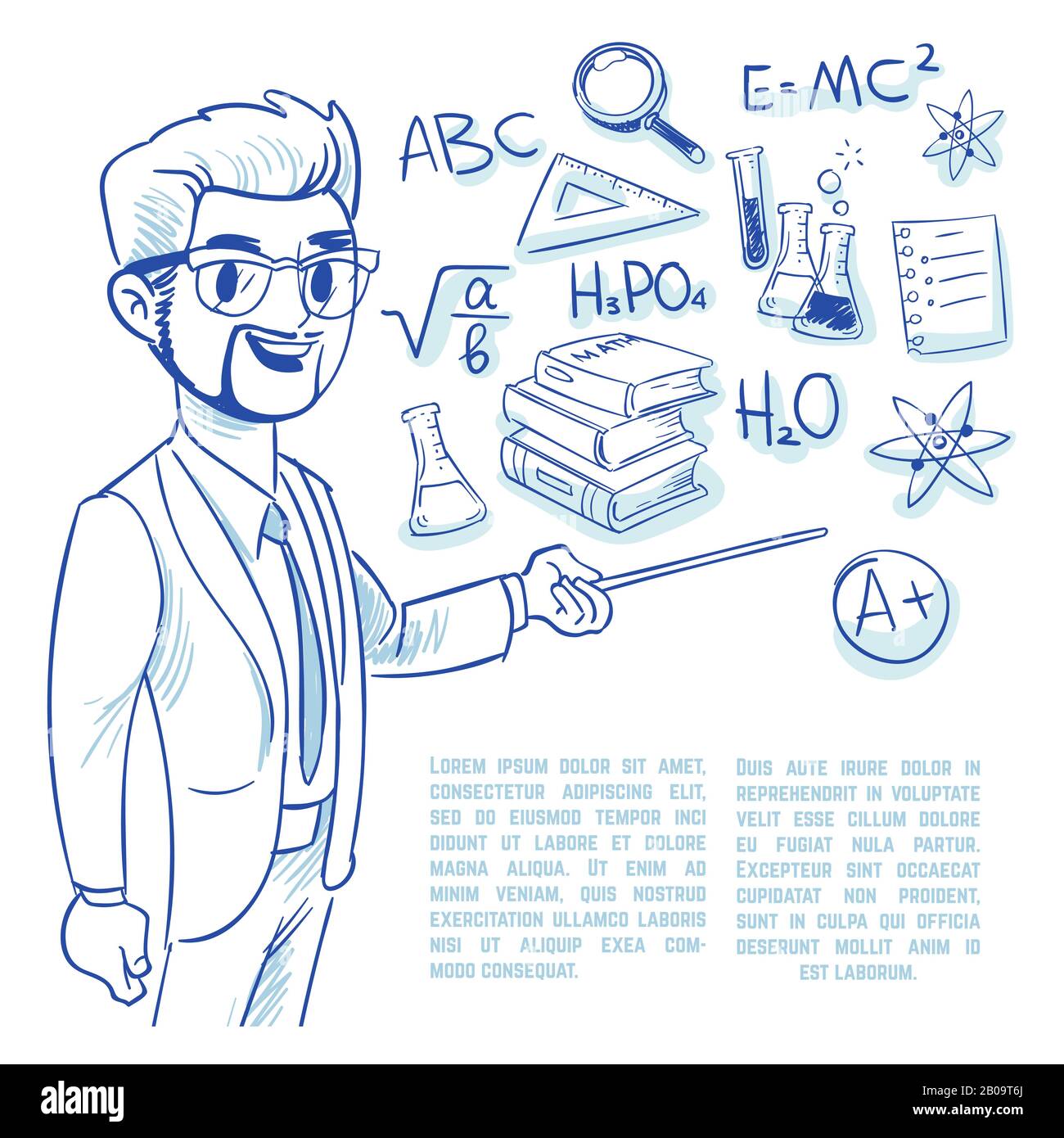 Teacher at the blackboard and education doodle icons. back to school ...