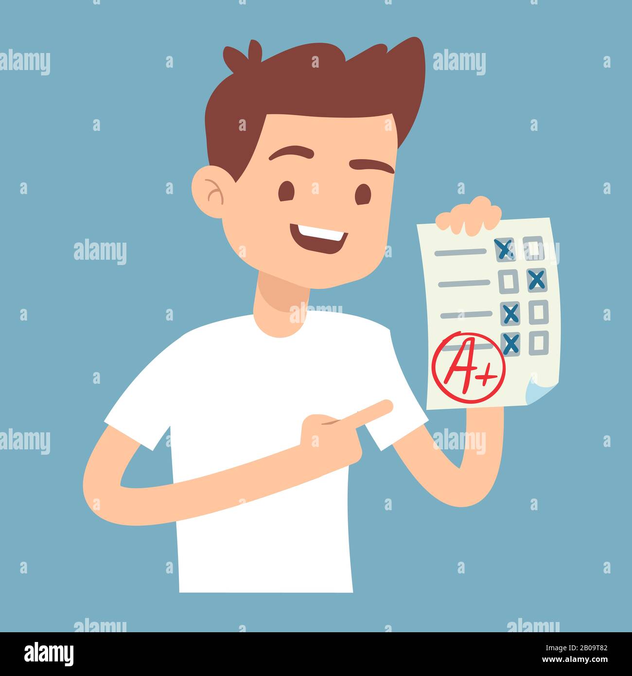 Teen student holding paper with perfect school exam test vector ...