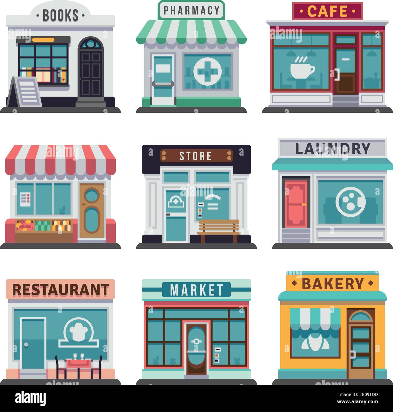 Modern fast food restaurant and shop buildings, store facades ...