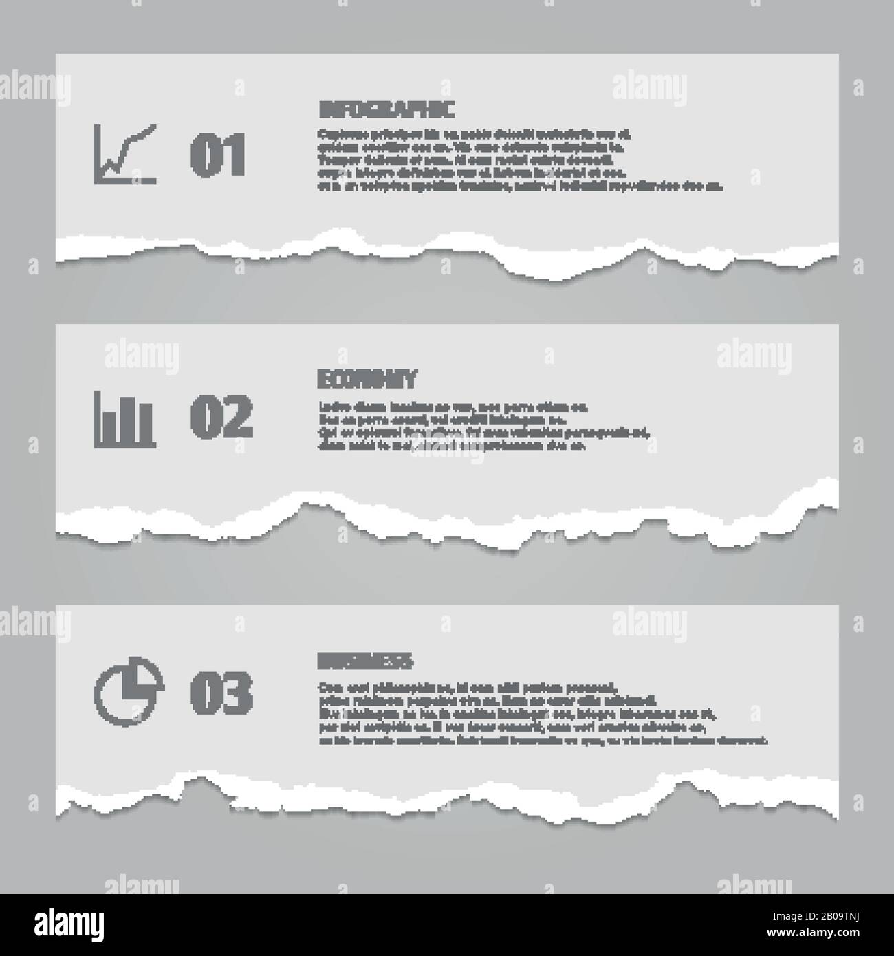Torn paper sheets with numbers, infographic icons, paper banners with ...