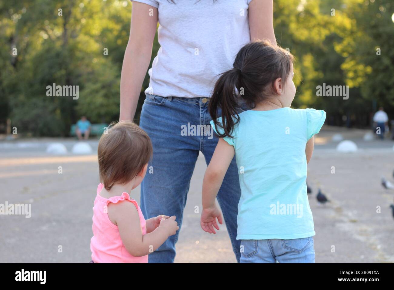 two little preschooler girls hug their mom’s legs on a summer green ...