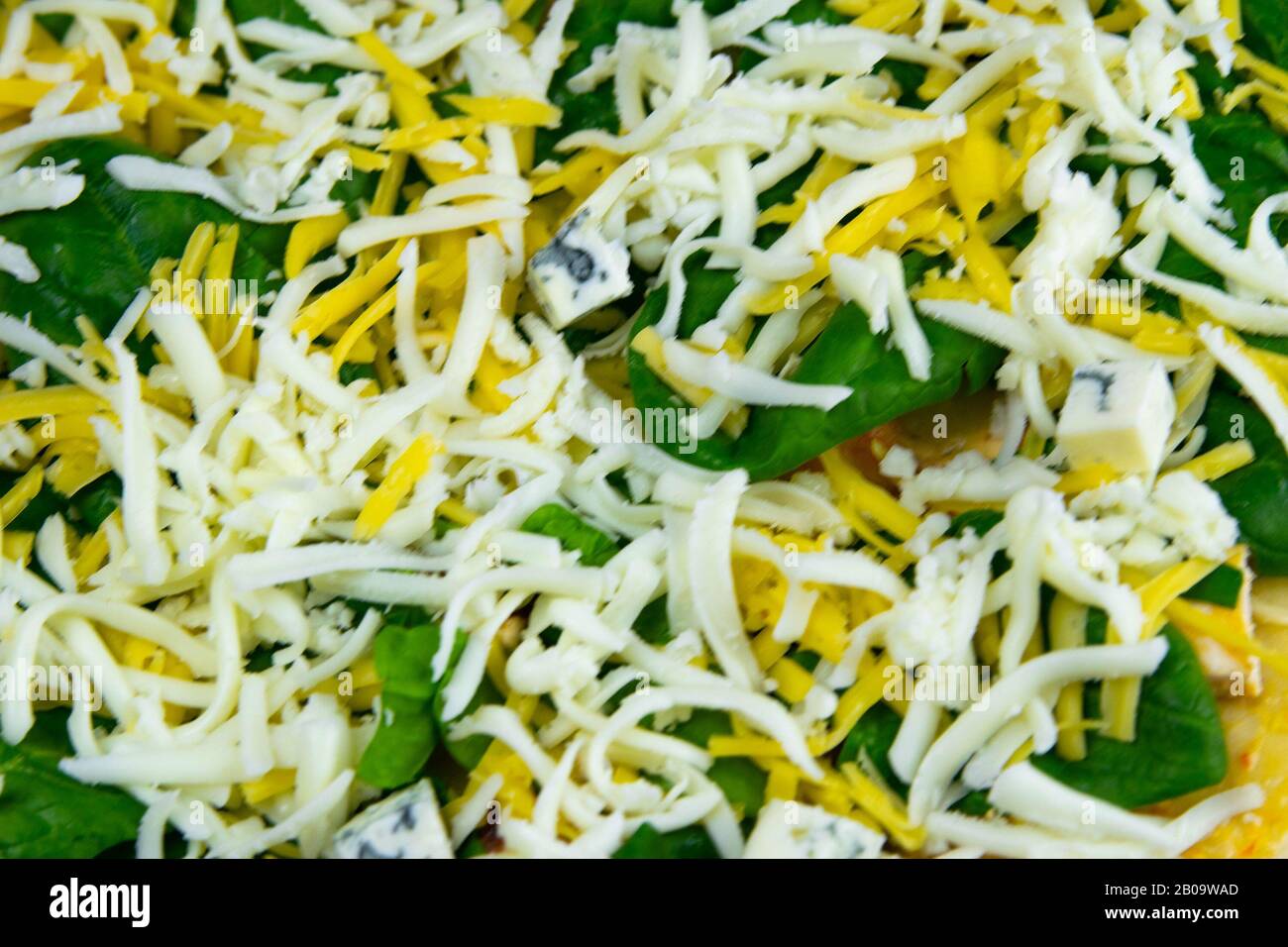 Women's hand lays cubes of cheese on pizza. Fresh original italian raw ...