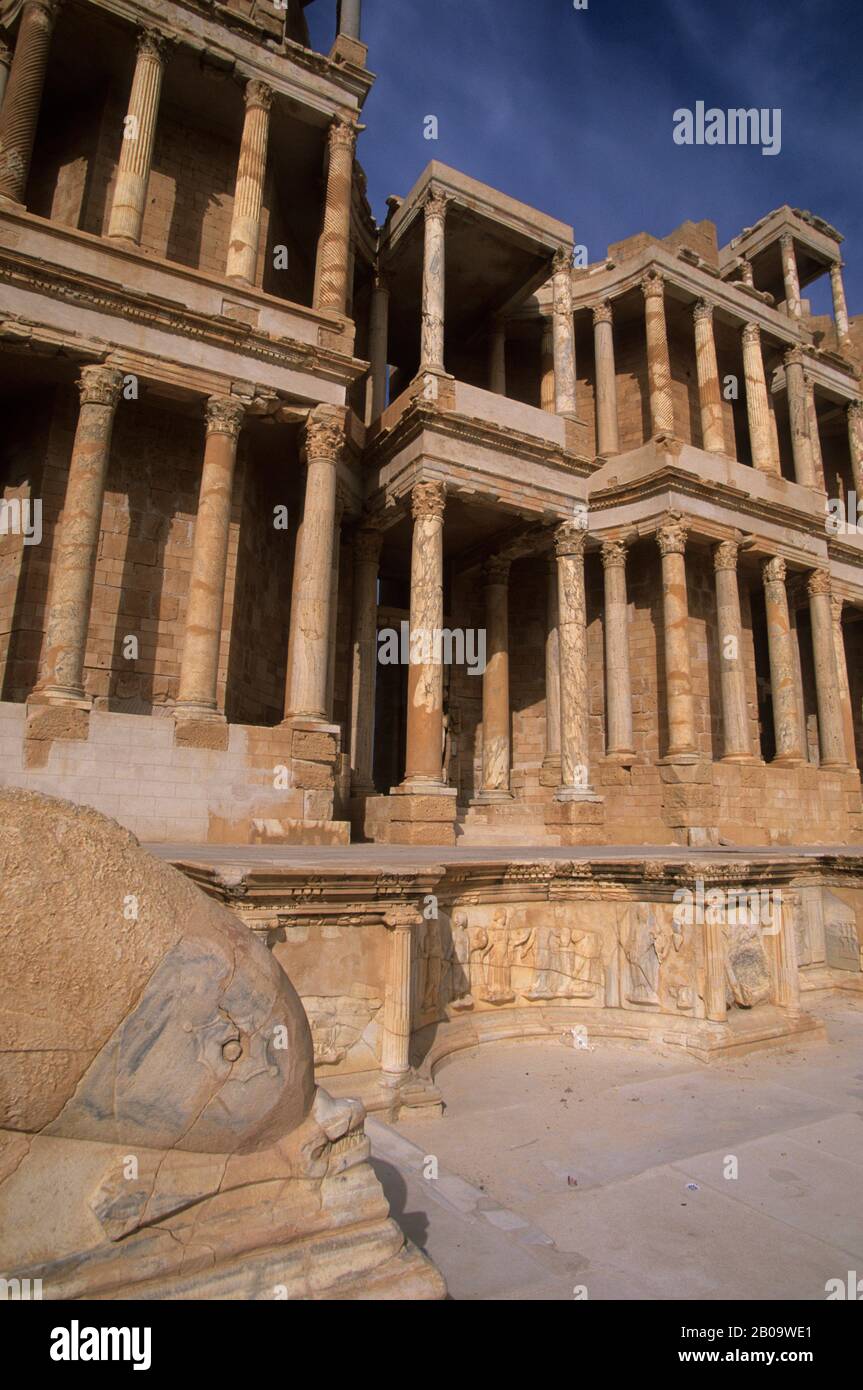 LIBYA, NEAR TRIPOLI, SABRATHA, ROMAN THEATRE (2ND CENTURY AD), RELIEF CARVINGS Stock Photo - Alamy