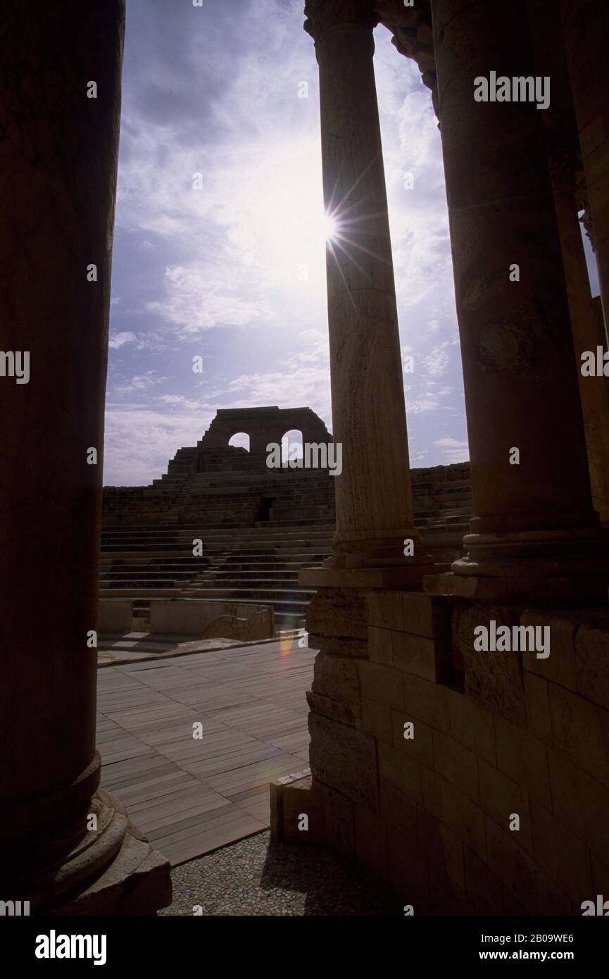 LIBYA, NEAR TRIPOLI, SABRATHA, ROMAN THEATRE (2ND CENTURY AD), SUNBURST Stock Photo - Alamy