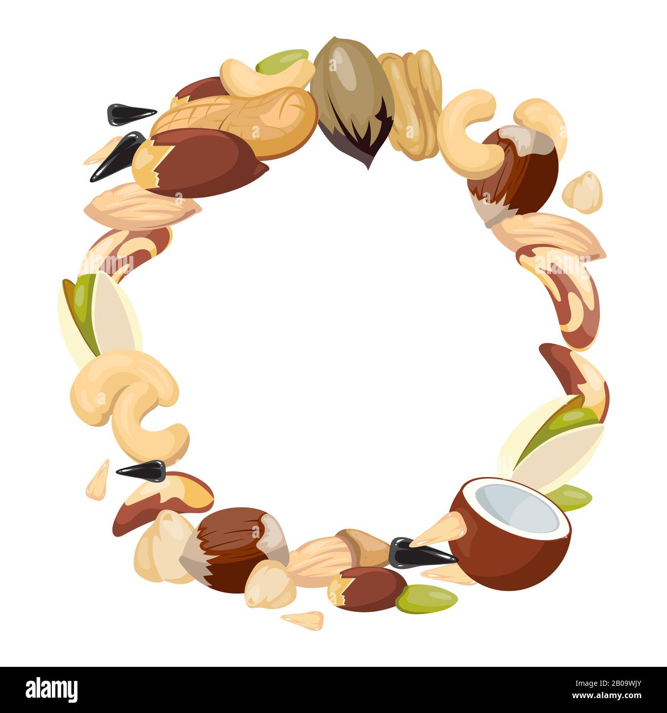 Various nuts blank frame vector illustration. Natural food in round ...