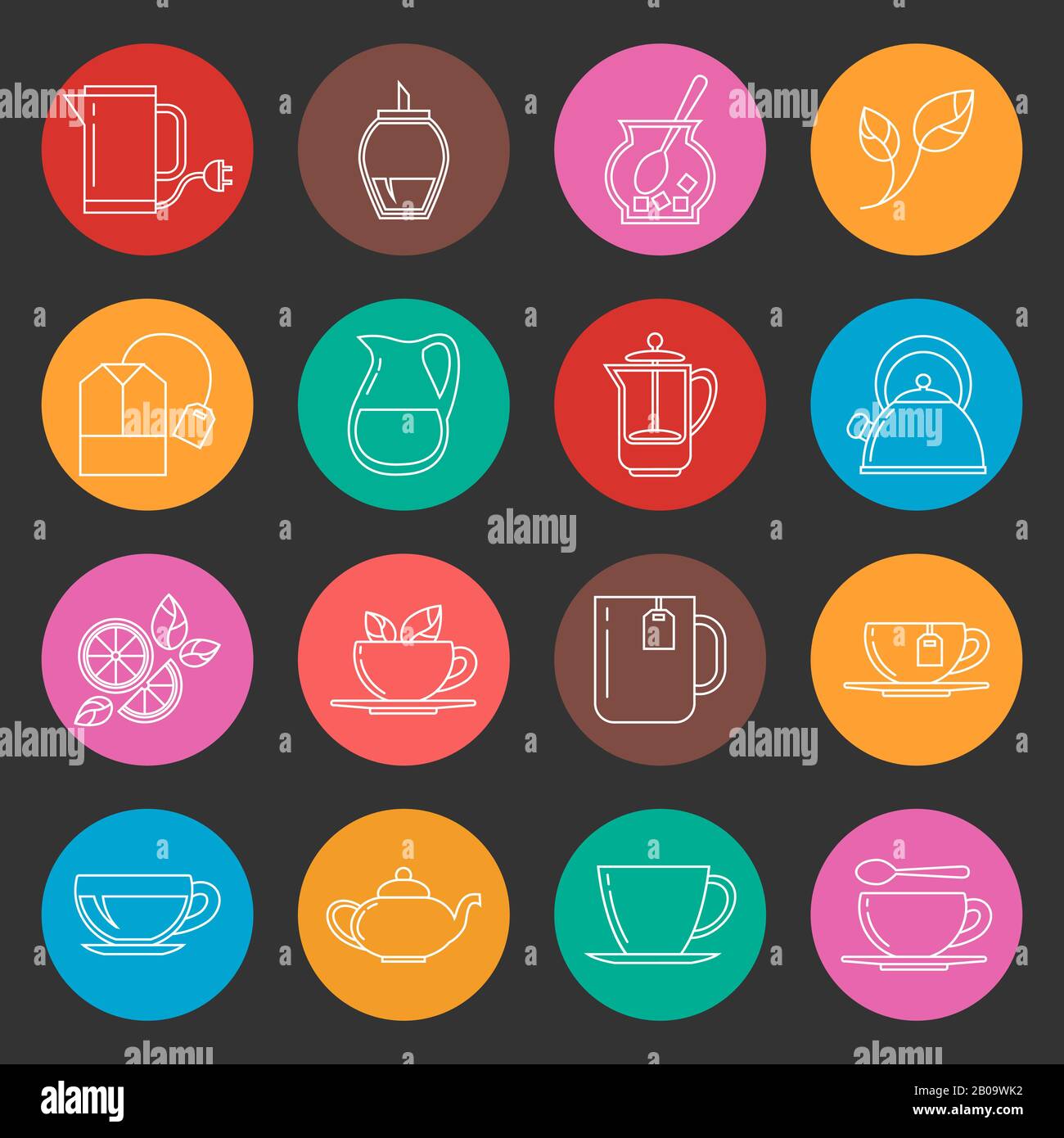 Colorful tea thin line vector icons set. Color tea icon in round ...