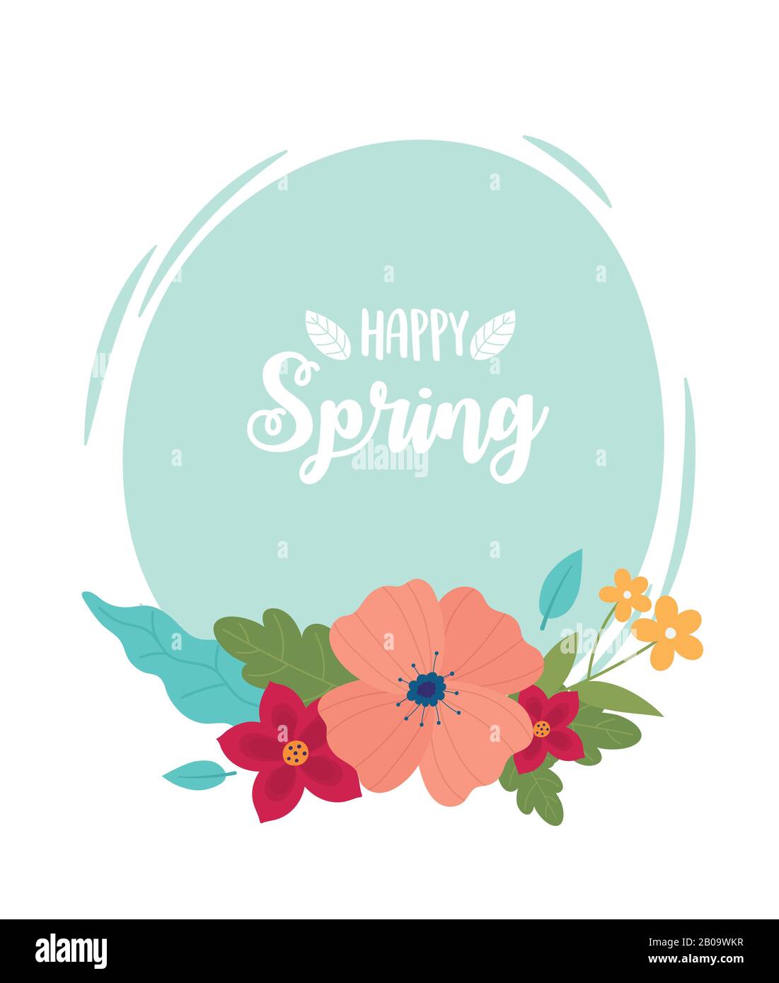 happy spring lettering flowers foliage round banner vector illustration ...