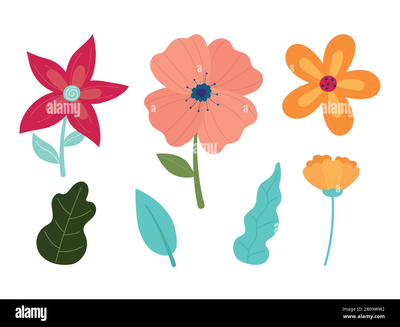 happy spring flowers petals leaves foliage decoration icons vector ...