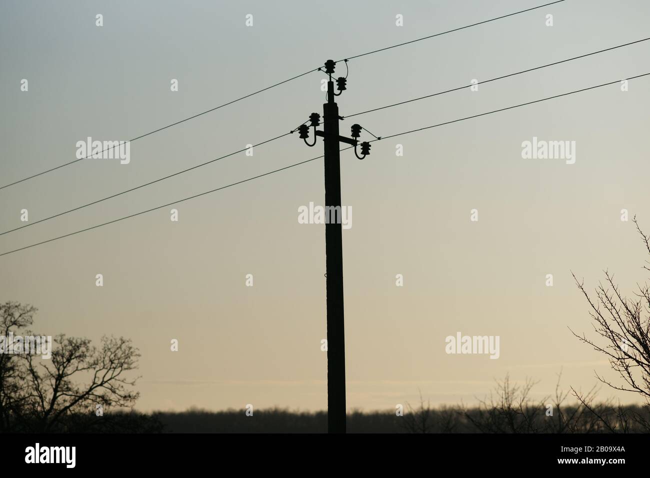 Electric pillar with wires in blue sky and forest background Stock ...