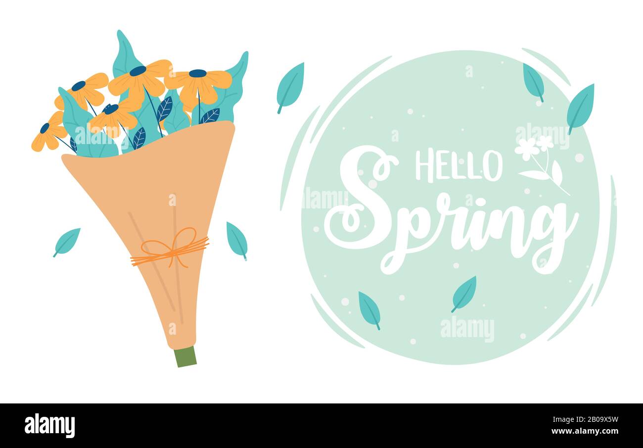 happy spring bouquet flowers romantic decoration vector illustration ...