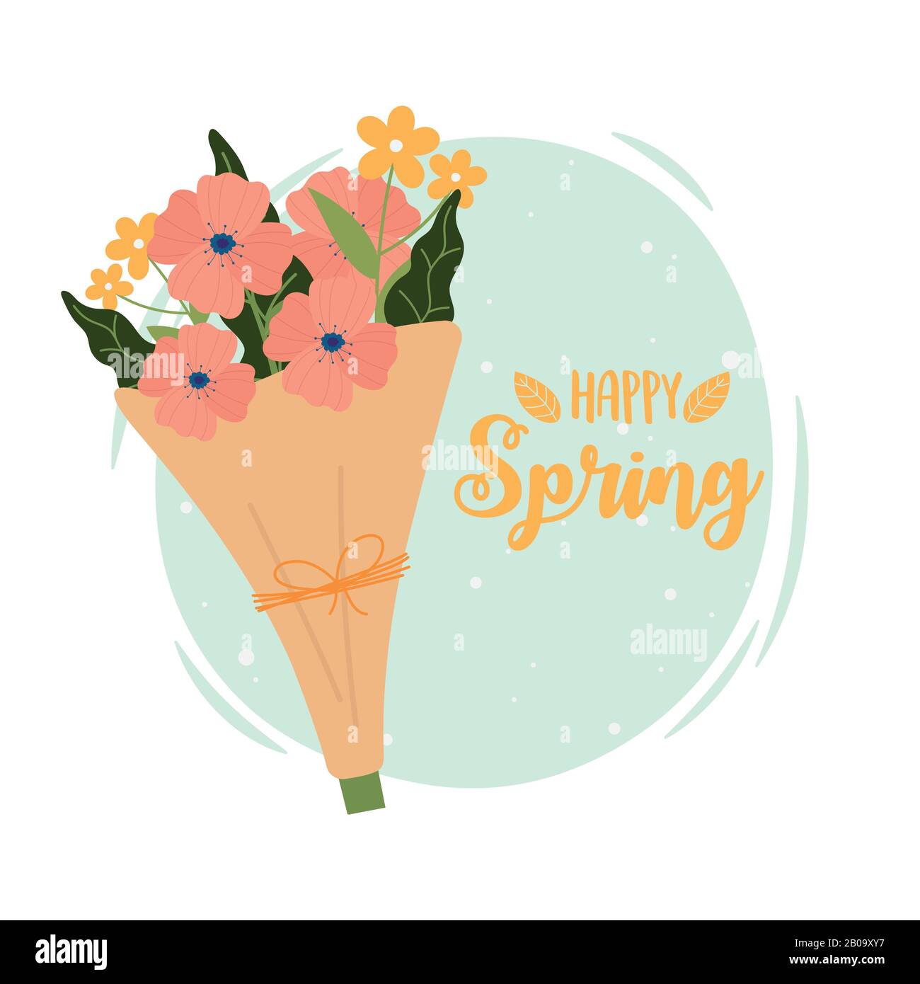 happy spring bouquet flowers wrapped paper decoration vector ...