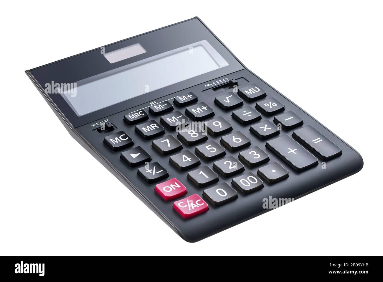Side view of a large black accounting calculator with a blank display ...