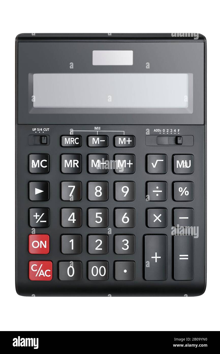Top view on a big black accounting calculator with blank screen ...