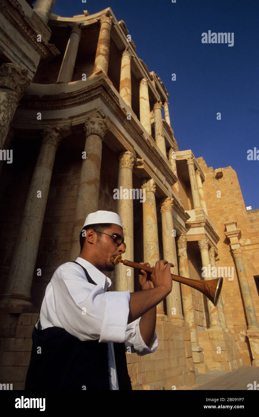 LIBYA, NEAR TRIPOLI, SABRATHA, ROMAN THEATRE (2ND CENTURY AD), MUSICIAN, GHITA (FLUTE Stock ...