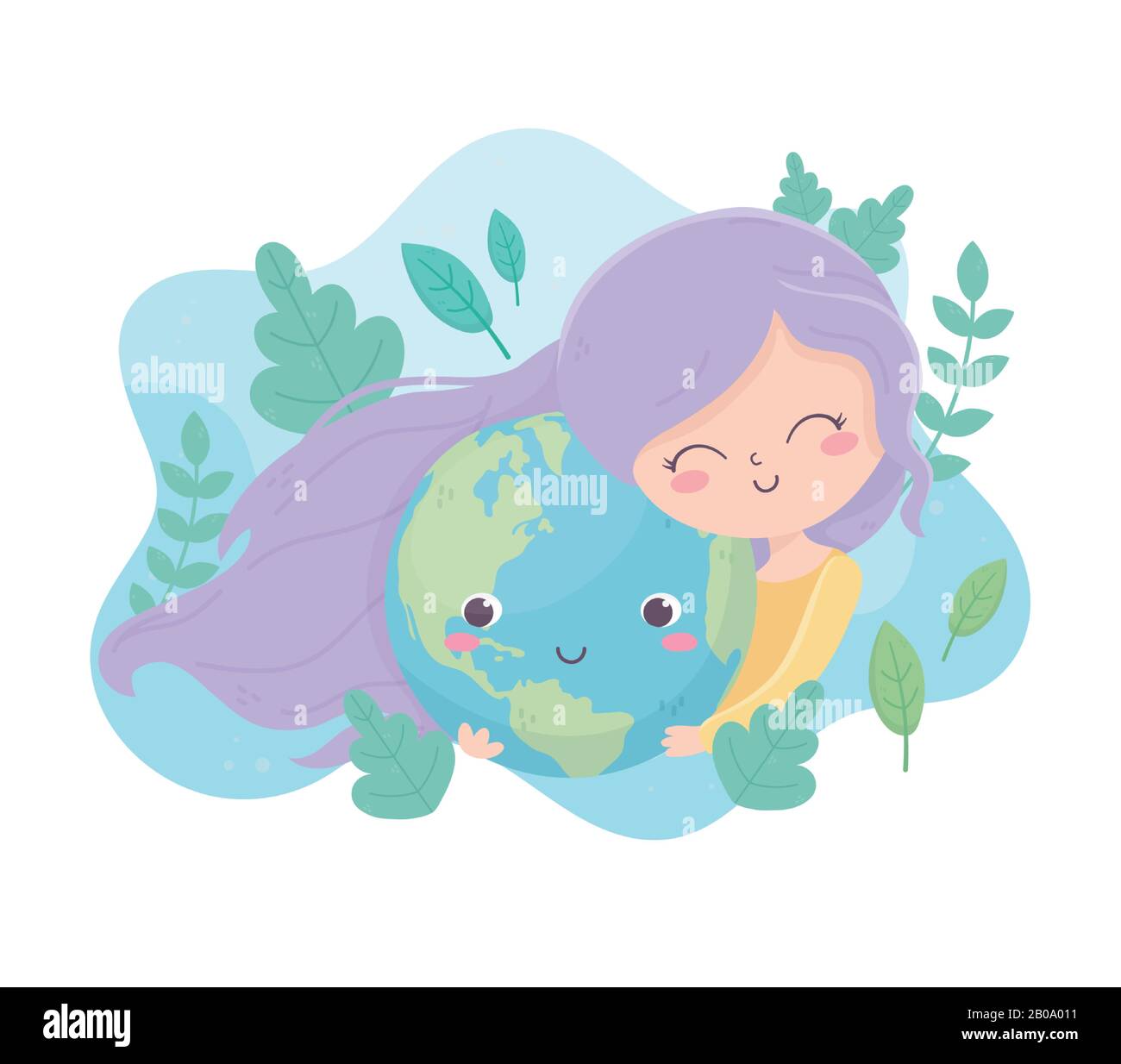 cute girl hugs world cartoon foliage environment ecology vector ...