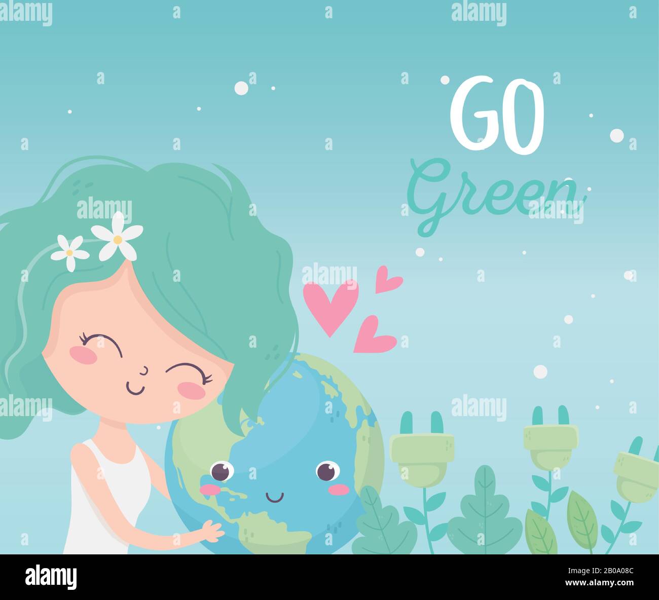 cute girl world plants nature love environment ecology vector ...