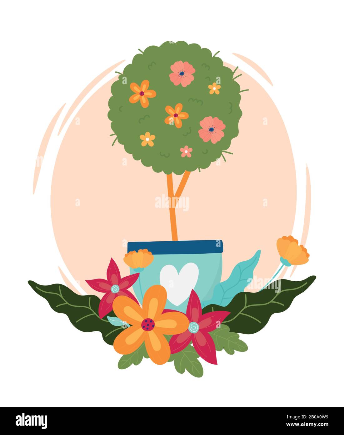 happy spring tree flowers in pot with heart decoration vector ...