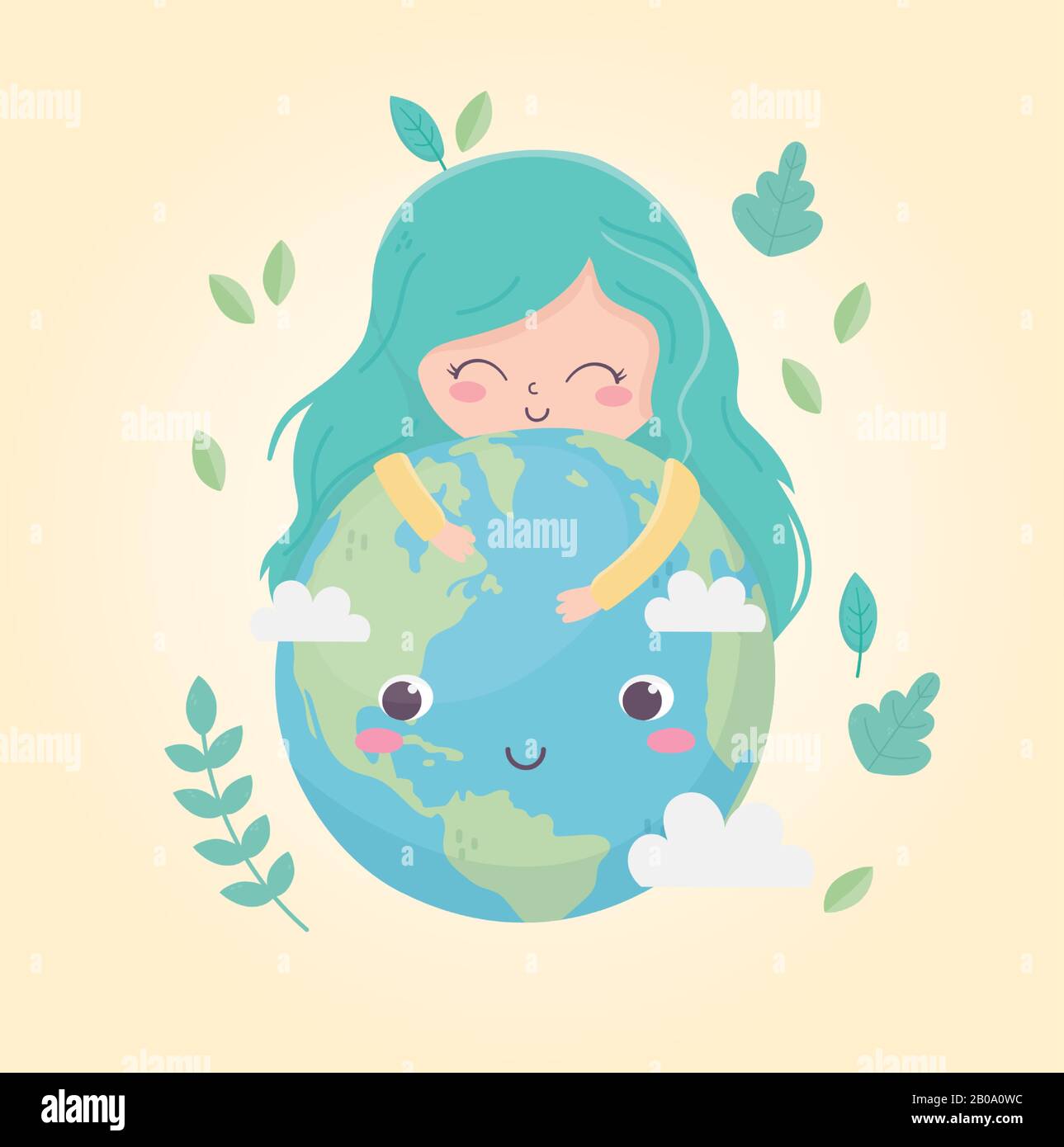 cute girl huggings world leaves environment ecology vector illustration ...