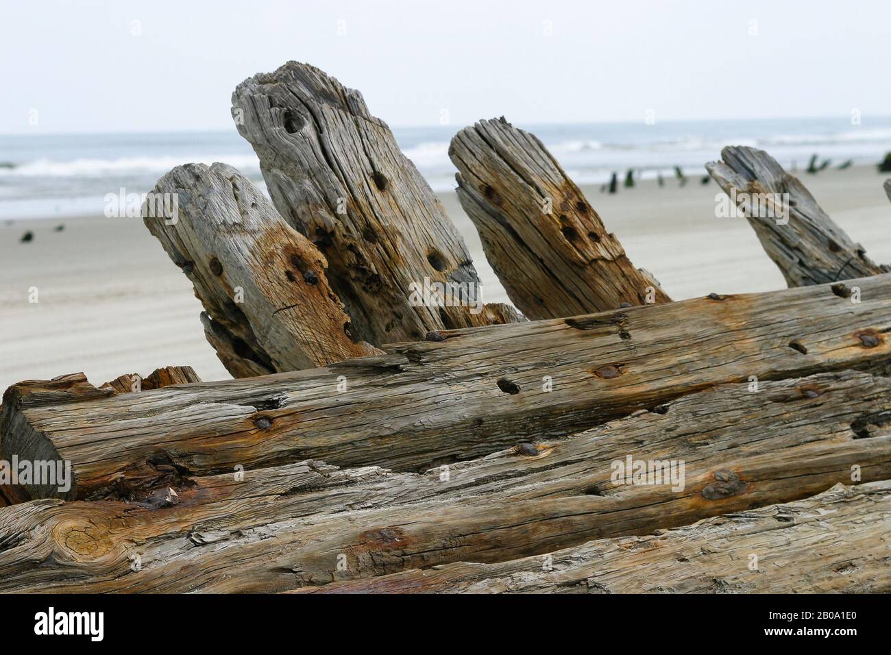 Close up, aged wooden shipwreck hull on beach Stock Photo - Alamy