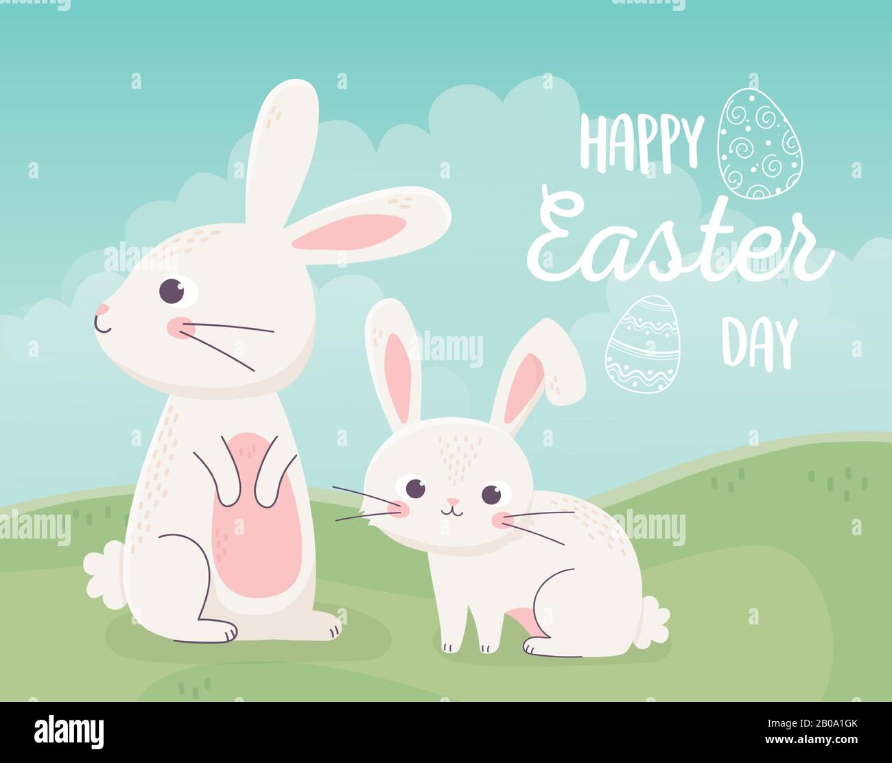 happy easter cute little rabbits in the field nature card vector ...