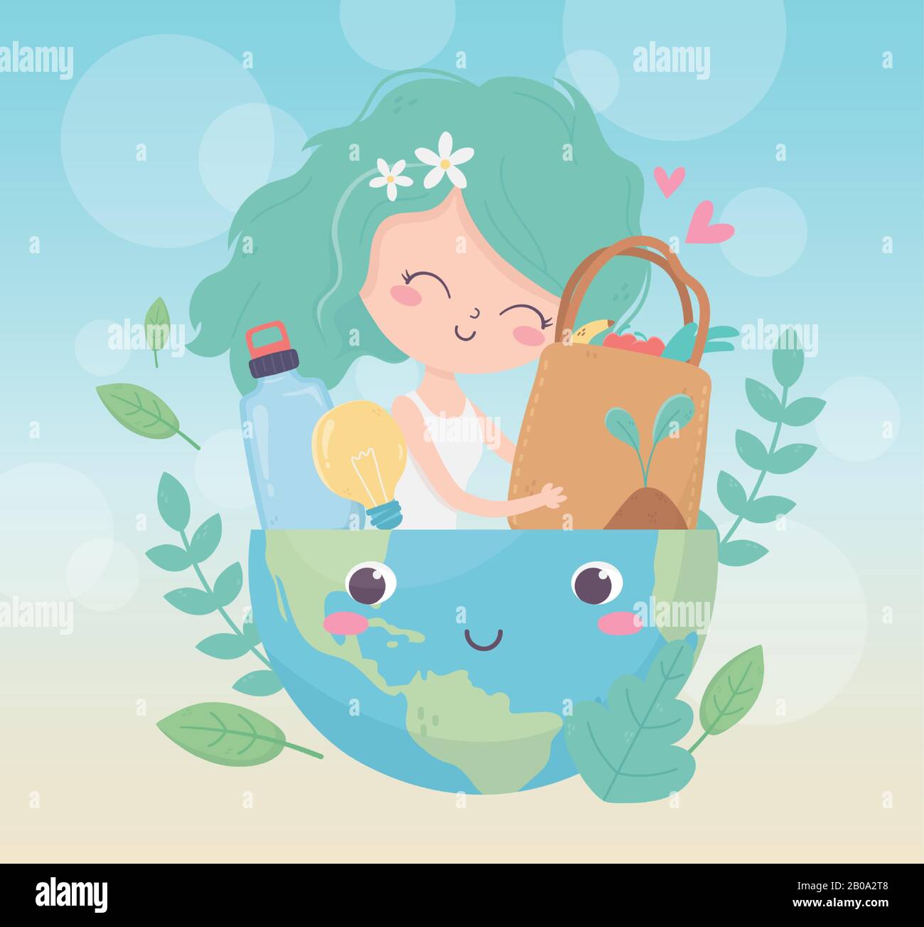 cute girl in world with bag bottle plants environment ecology vector ...