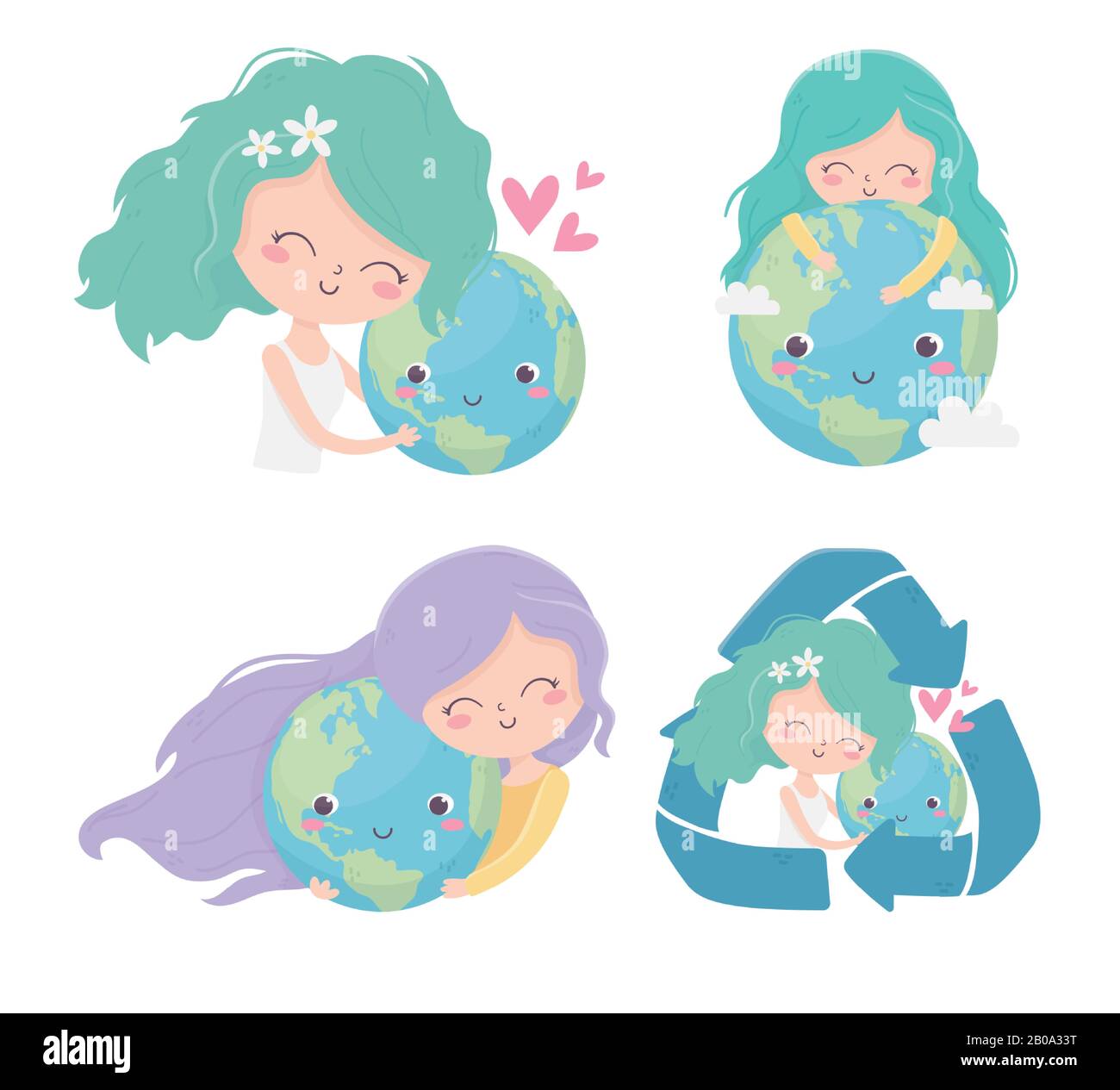 cute girls world recycle love hearts environment ecology vector ...
