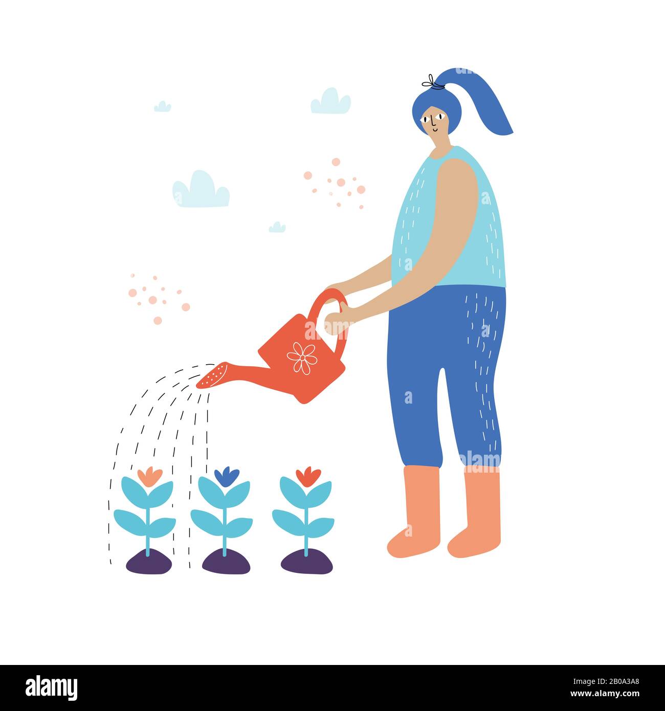 Girl watering plants from a watering can with a flat hand drawn drawing ...