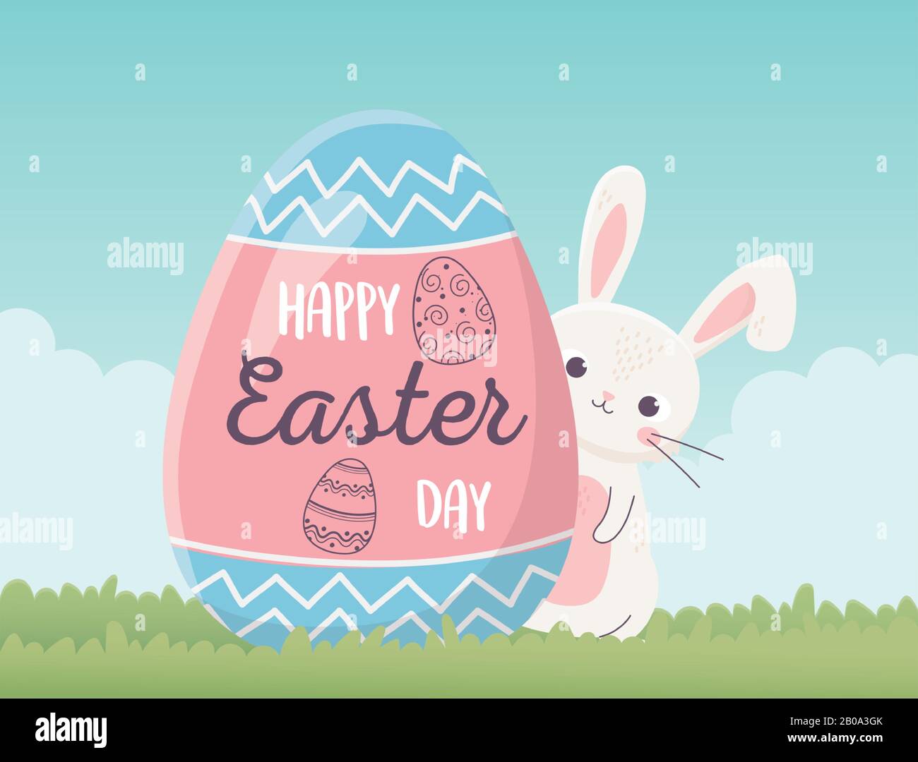 happy easter cute rabbit and egg with lettering decoration on grass ...