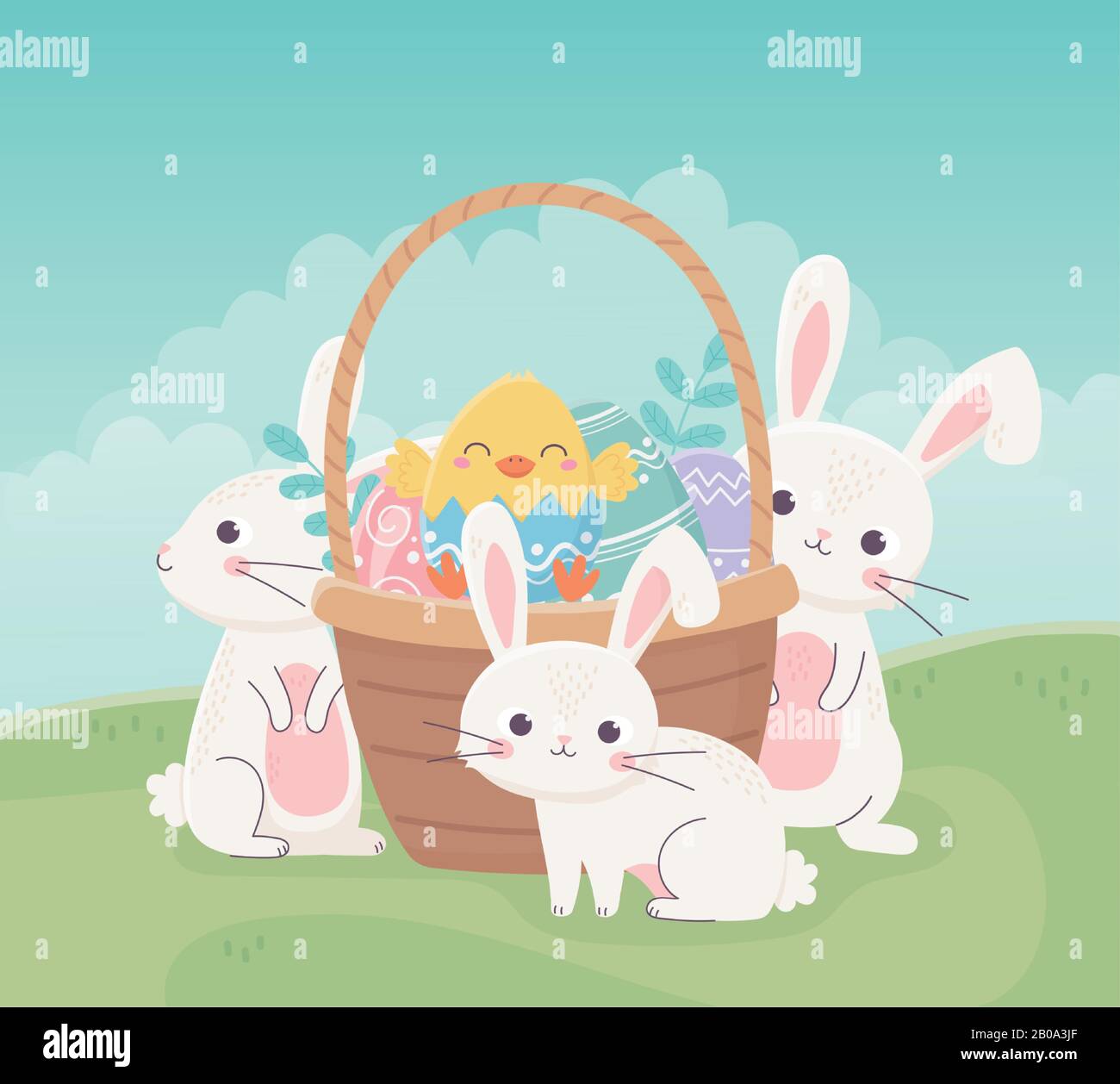 happy easter rabbits chicken in basket with eggs in grass vector ...