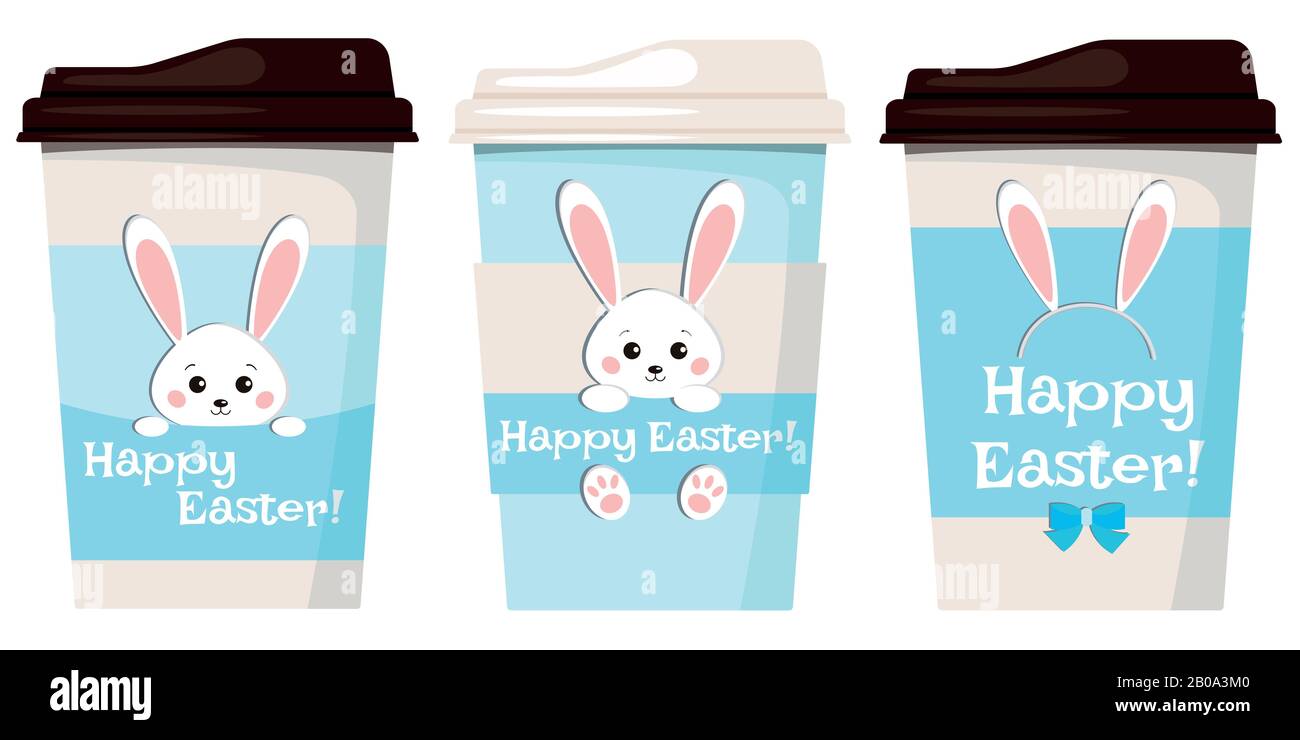 Happy Easter paper coffee or tea cups decorated cute white easter bunny ...