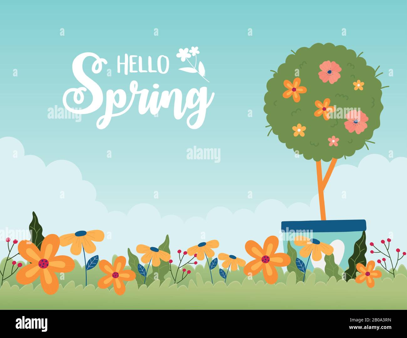happy spring potted tree flowers garden floral grass vector ...