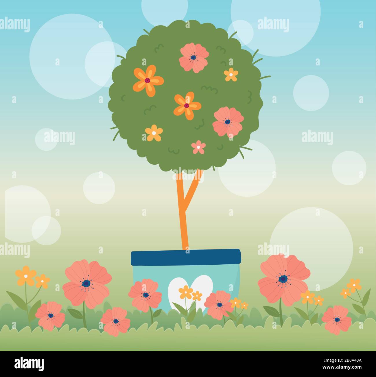 happy spring tree flowers in pot floral grass blur background vector ...