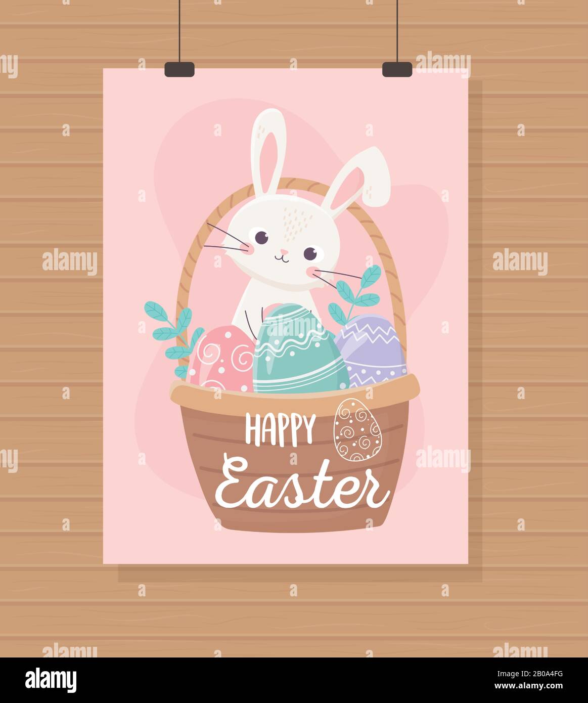 happy easter hanging poster cute rabbit basket with eggs vector ...
