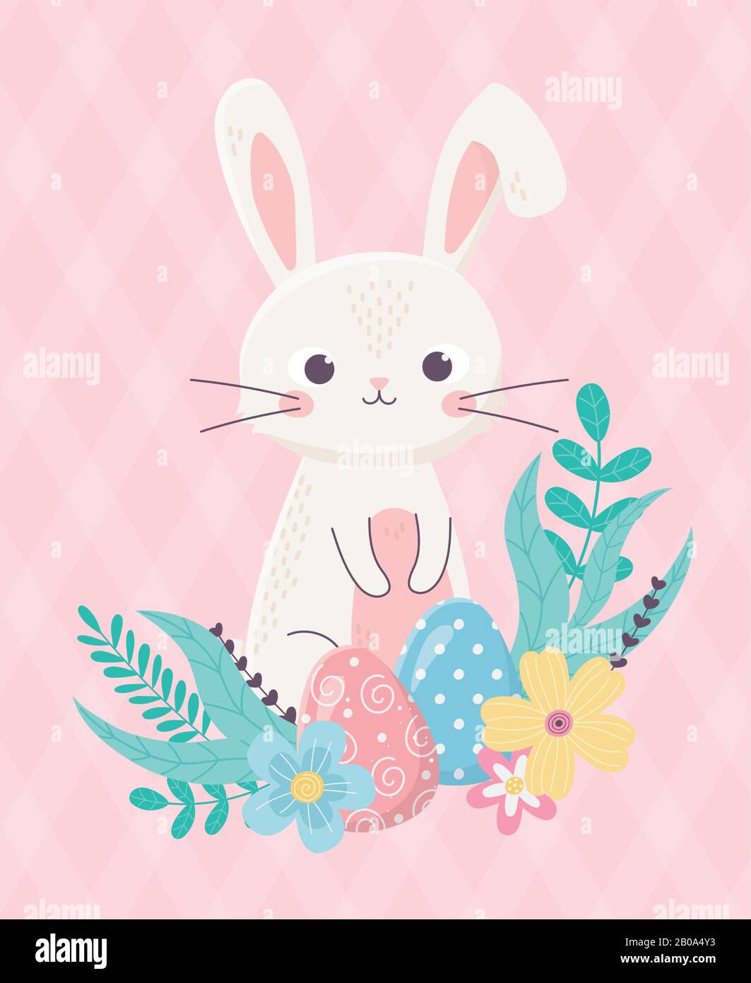 happy easter cute rabbit and egg flowers foliage cartoon vector ...