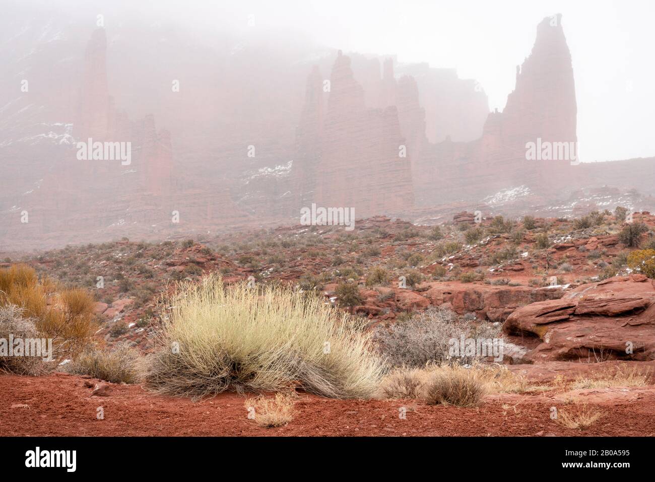 winter scenery of southwest landscape with falling snow and fog ...