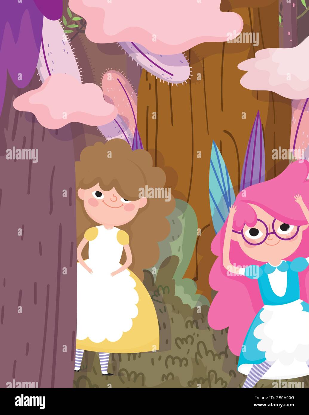 cute girls in the forest foliage cartoon, children character vector ...