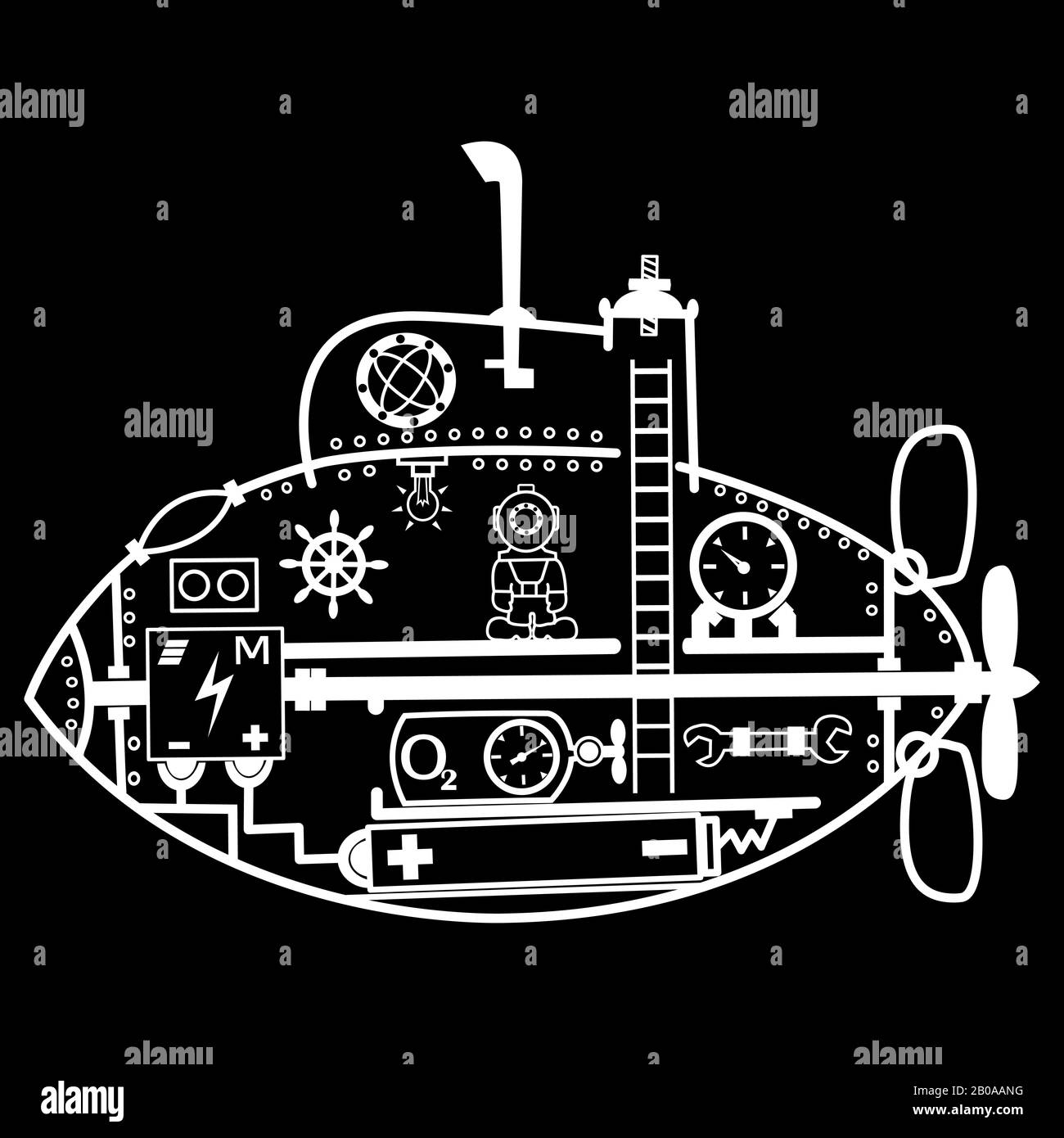 Vector cartoon drawing of a submarine inside with elements and a diver ...