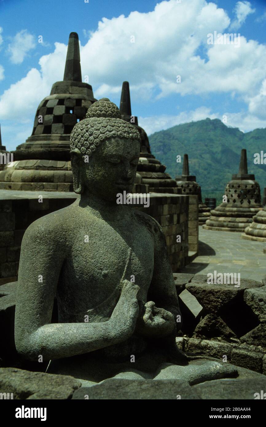 INDONESIA, JAVA, ANCIENT BOROBUDUR BUDDHIST TEMPLE, UPPER TER- RACE ...