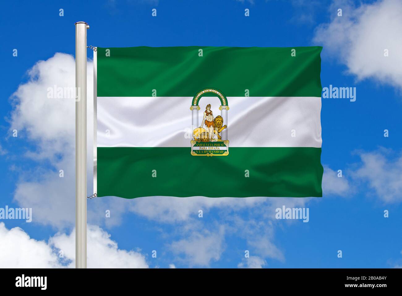flag of Andalusia in front of blue cloudy sky, Spain, Andalusia Stock ...