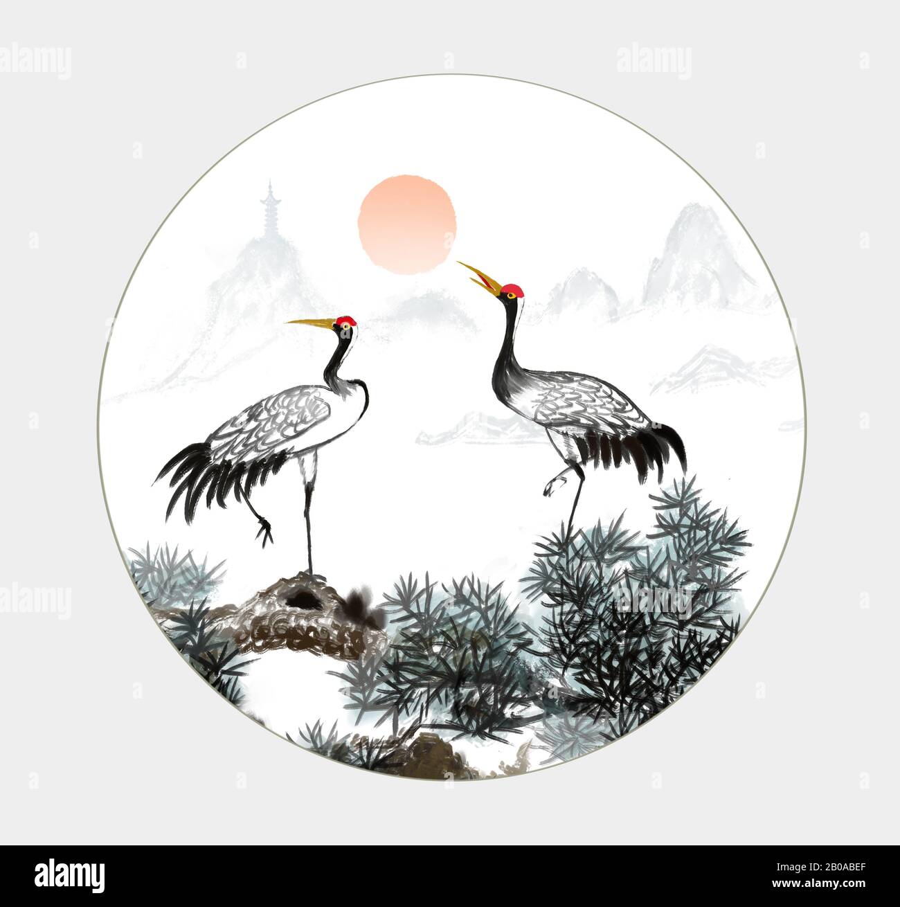 Round pine crane year-end ink painting Stock Photo - Alamy