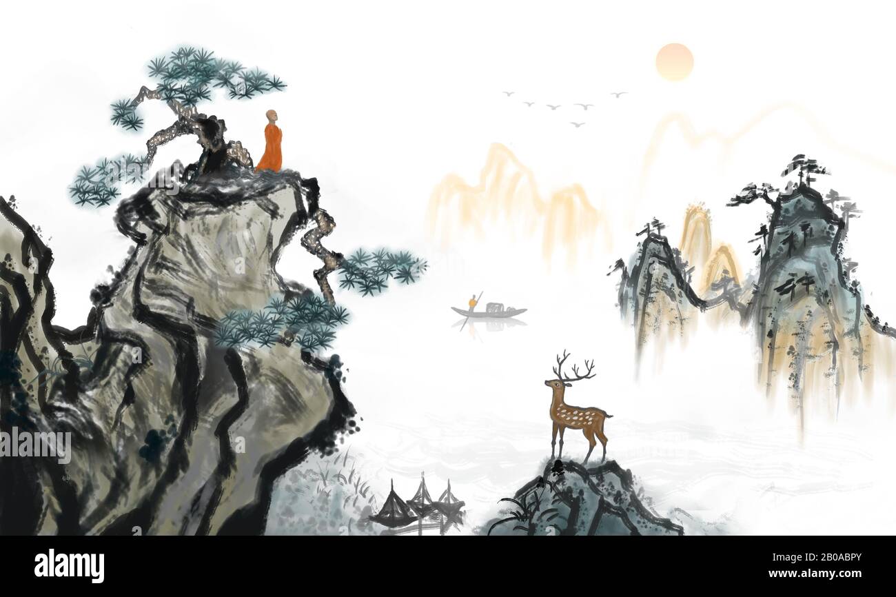 Layers of mountains and mountains of Zen ink landscape painting Stock ...