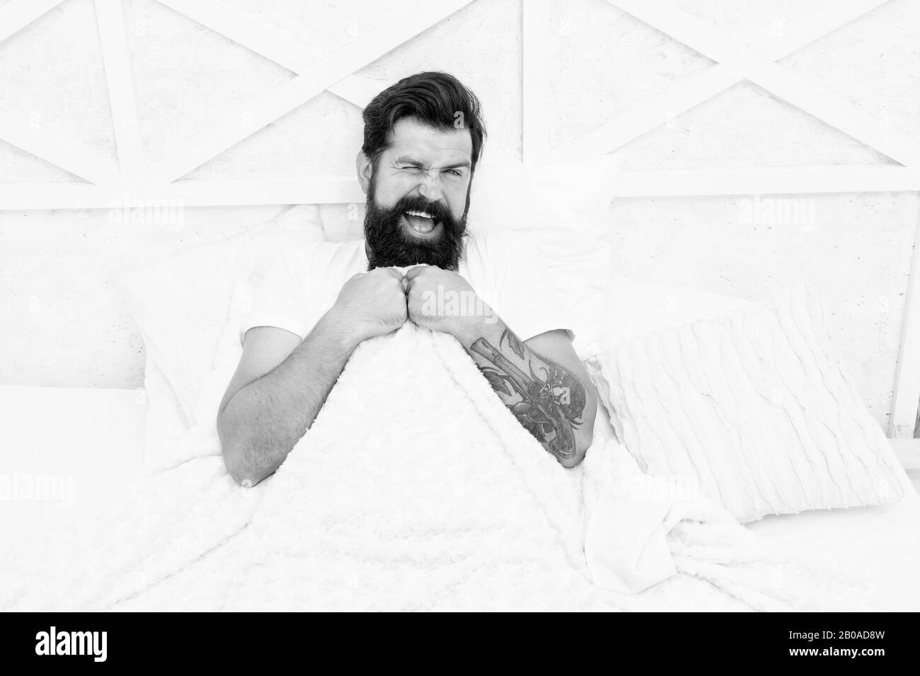 Proper pillow. Man handsome guy in bed. Enough amount sleep every night ...