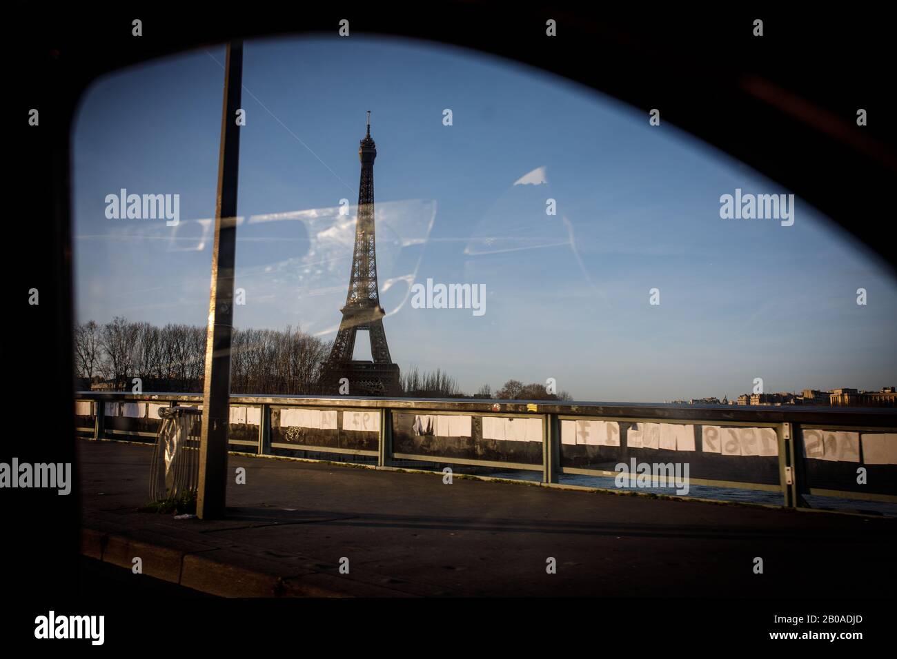 The Eiffel Tower seen through the window of a car in Paris, France ...