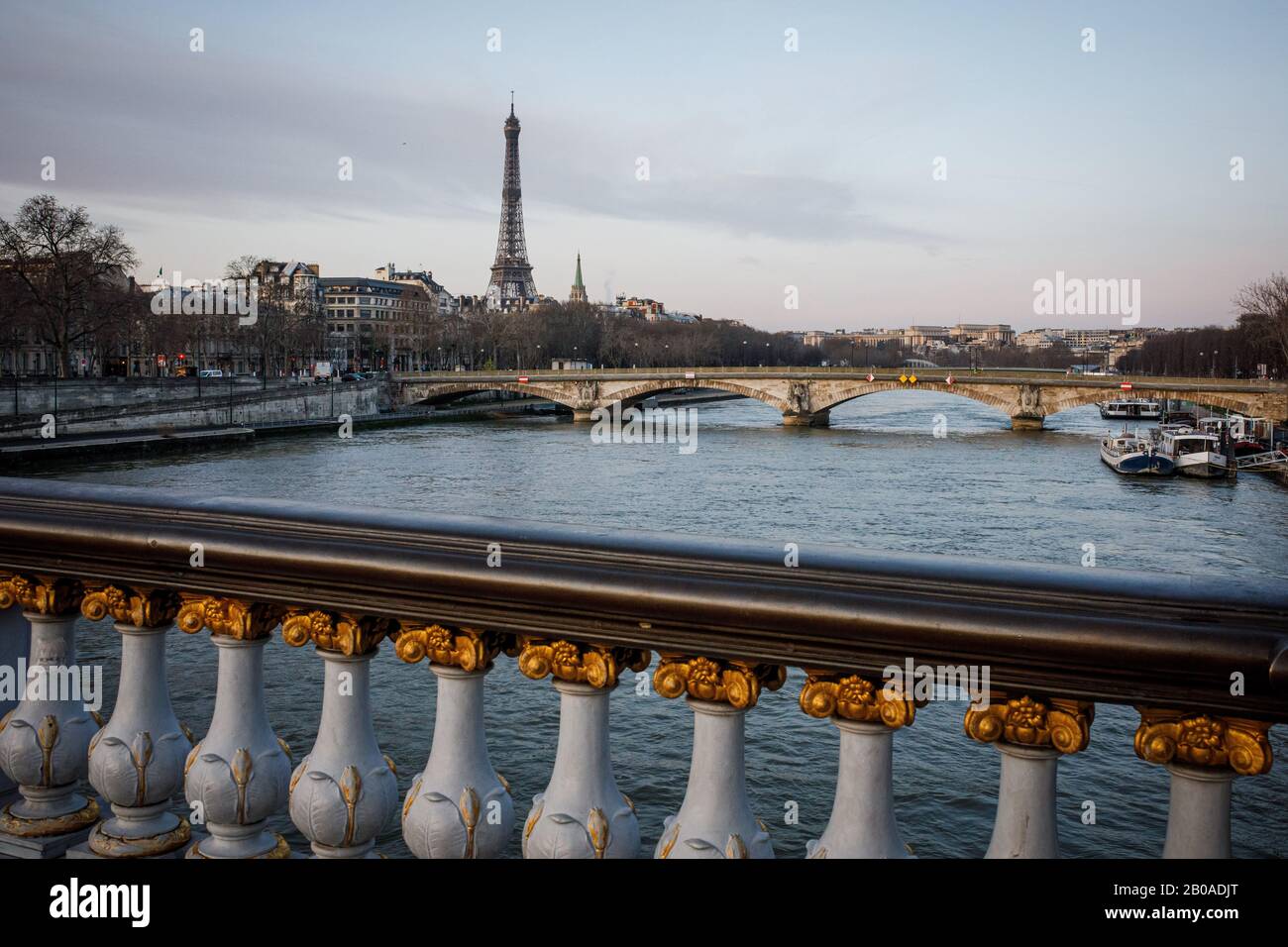 The Eiffel Tower seen from a bridge on the Seine in Paris, France Stock ...